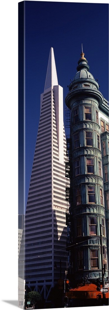 Low angle view of towers, Columbus Tower, Transamerica Pyramid, San ...