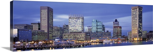 Maryland, Baltimore, Panoramic view of an urban skyline at twilight ...