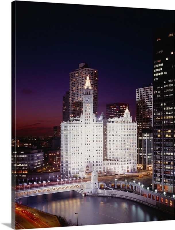 Office building lit up at night, Wrigley Building, Michigan Avenue ...