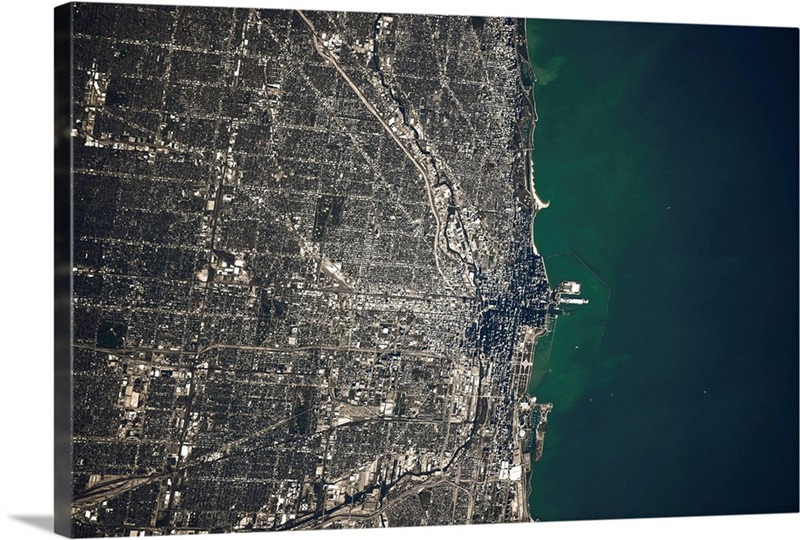 Satellite view of Chicago and Lake Michigan, Illinois | Great Big Canvas