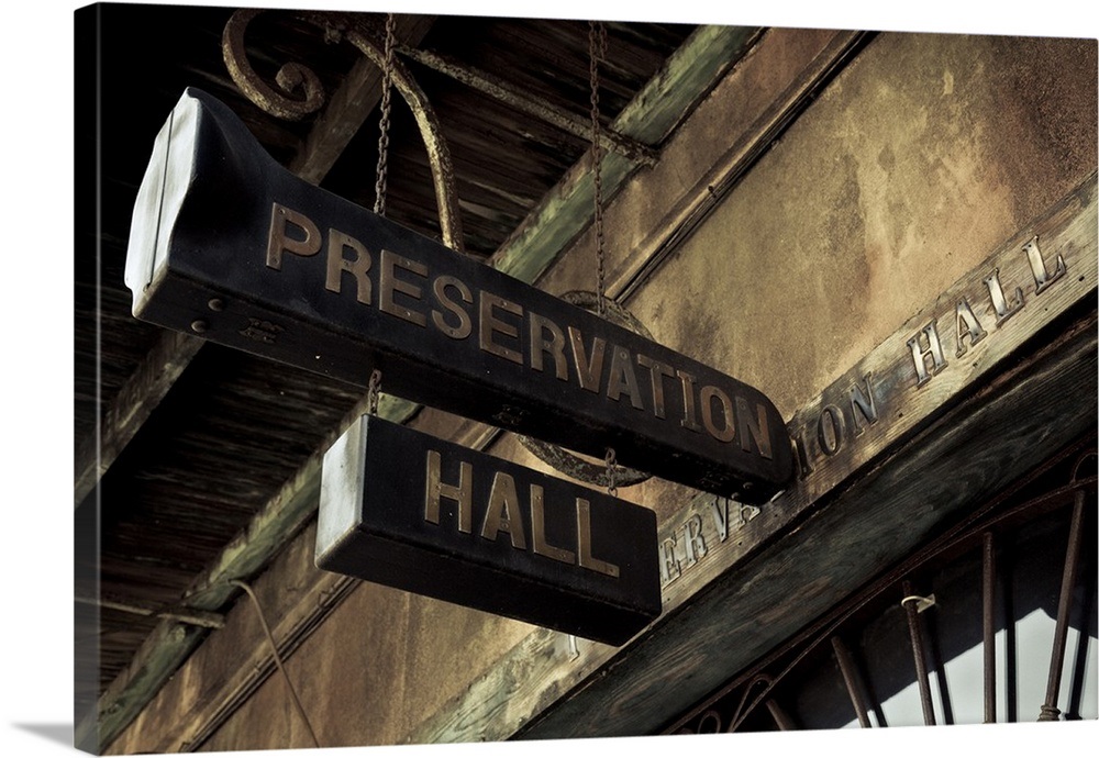 Signboard on a building, Preservation Hall, French Quarter, New Orleans ...
