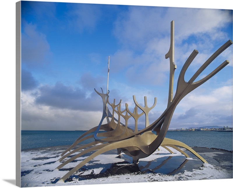 Viking ship sculpture at the coast, Gullfoss Falls, Vesturland, Iceland ...