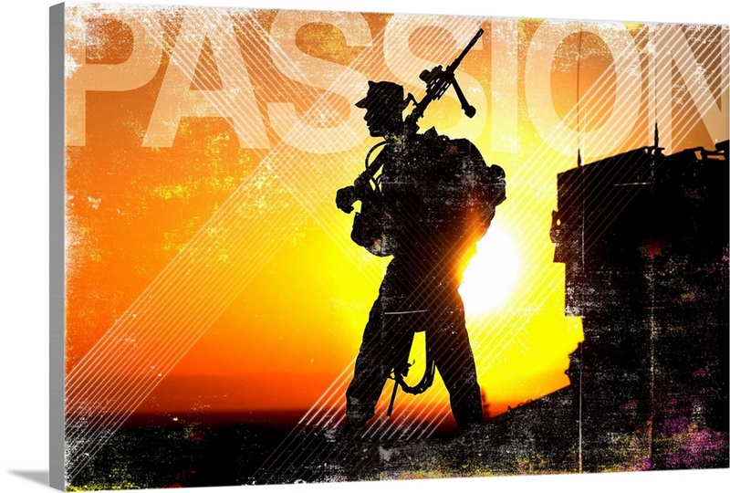 Military Grunge Poster: Passion. A machine gunner prepares to load ...