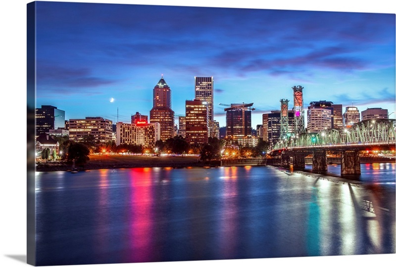Portland, OR Skyline at Sunset with Crescent Moon | Great Big Canvas