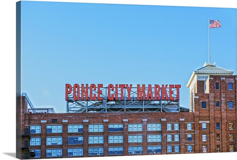 Tall neon letters on the roof of Ponce City Market in Atlanta, Georgia ...