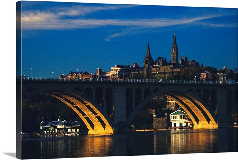 Dusk view of Georgetown U. above Key Bridge over the Potomac River ...