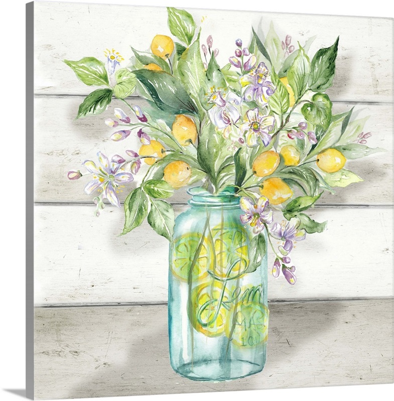 Watercolor Lemons In Mason Jar On Shiplap | Great Big Canvas