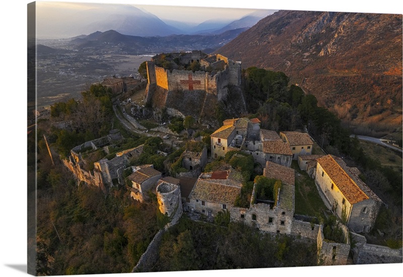 Aerial The Medieval Castle Of Vicalvi With Red Cross Painted On The ...