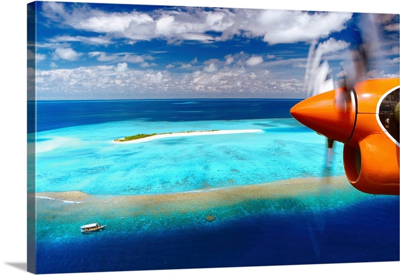Aerial View Of Island And Seaplane, Male Atoll, The Maldives, Indian ...