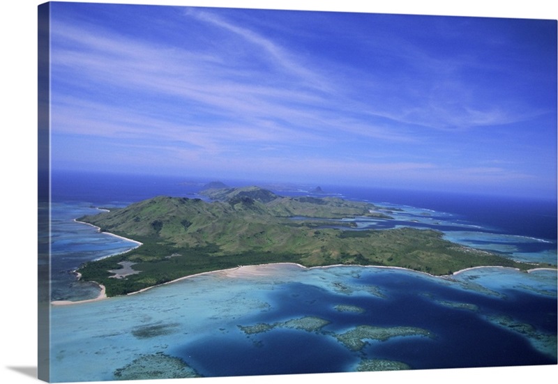 Aerial view of Yasawa Island, one of the driest parts of Fiji, Yasawa ...
