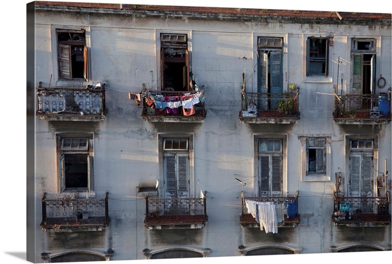 Balconies of a dilapidated apartment building, Havana Centro, Cuba ...