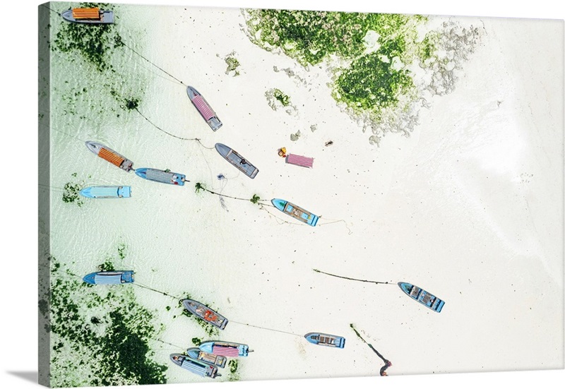 Boats On Idyllic White Coral Beach, Overhead View, Zanzibar, Tanzania ...