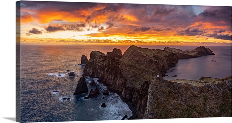 Cliffs By The Ocean Under The Burning Sky At Dawn, Madeira Island ...