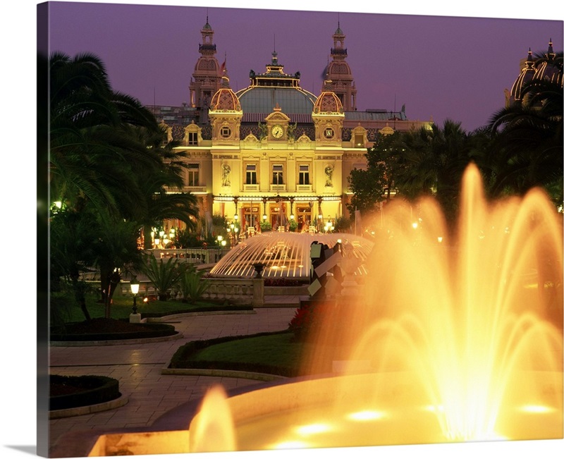 Illuminated fountains in front of the casino at Monte Carlo, Monaco ...