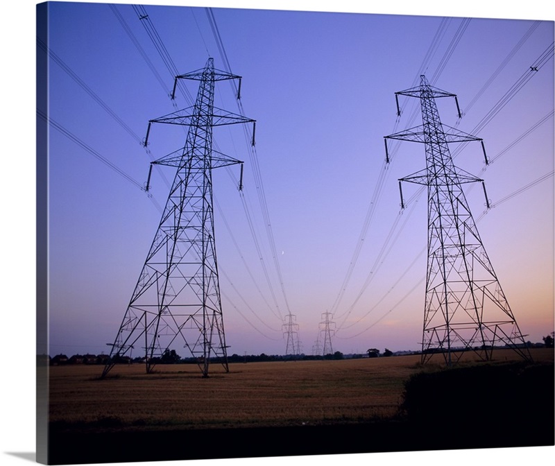 Pylons in a rural landscape at dusk | Great Big Canvas