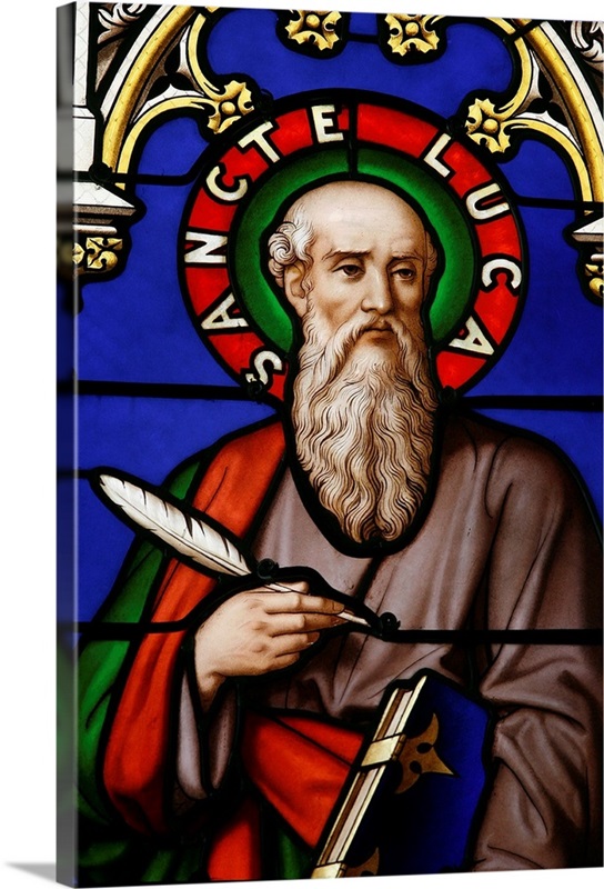 Stained glass window of St. Luke at Collegiale Notre-Dame des Marais ...