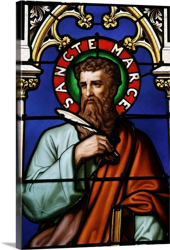 Stained glass window of St. Mark at Collegiale Notre-Dame des Marais ...