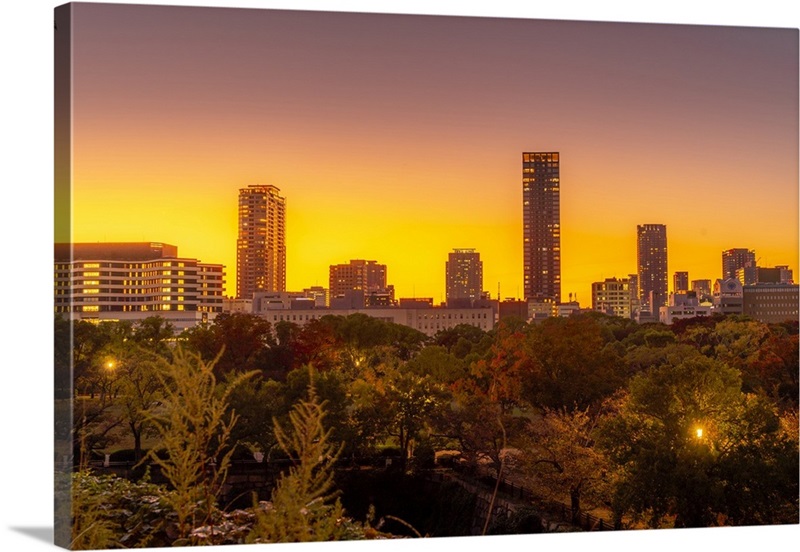 View Of Osaka Skyline From Osaka Castle At Sunset, Chuo Ward, Osaka ...