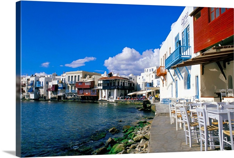 Waterfront of the Little Venice quarter, Cyclades islands, Greece ...