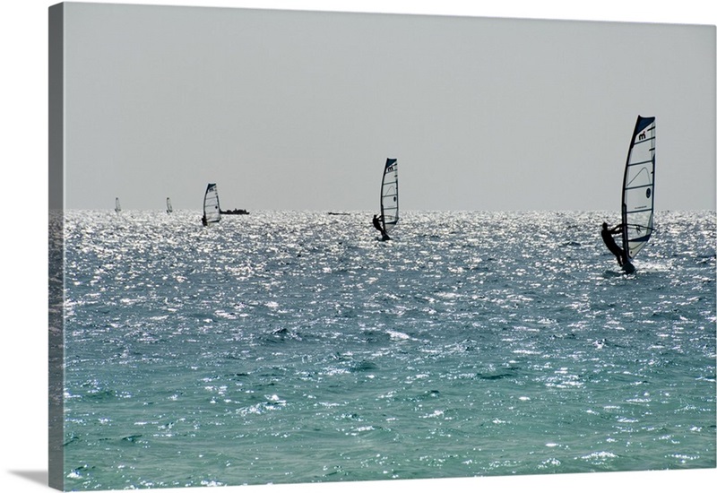 Wind surfing at Santa Maria on the island of Sal, Cape Verde Islands ...