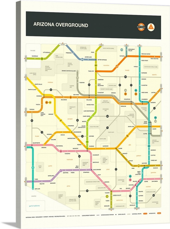 Arizona State Highway Map Wall Art, Canvas Prints, Framed Prints, Wall ...