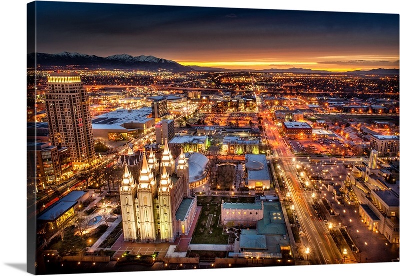 Salt Lake Temple, Aerial View, right after Sunset, Salt Lake City, Utah ...