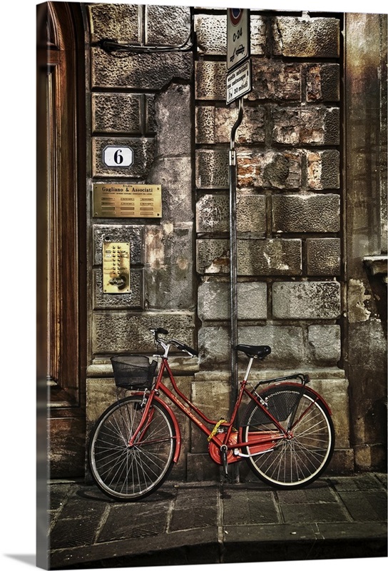 Red bicycle by stone wall, Florence, Italy | Great Big Canvas