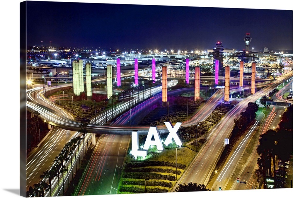 View with neon lights from above LAX Airport, Los Angeles, California ...