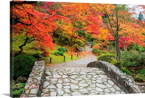 Fall Landscape With Stone Bridge And Walking Path. | Great Big Canvas