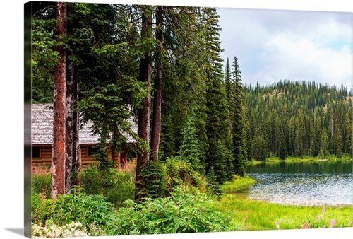 Log Cabin In Pine Forest By Lake | Great Big Canvas