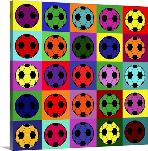 Pop art stylized grid of multi-colored soccer balls | Great Big Canvas