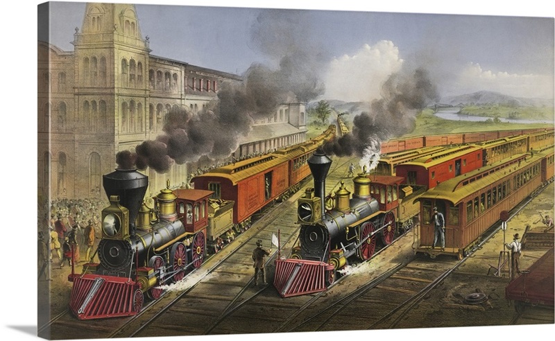 19th Century American Railroad Scene Lightning Express Trains Leaving ...