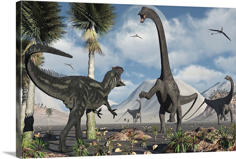 A carnivorous Allosaurus confronts a giant Diplodocus herbivore | Great ...