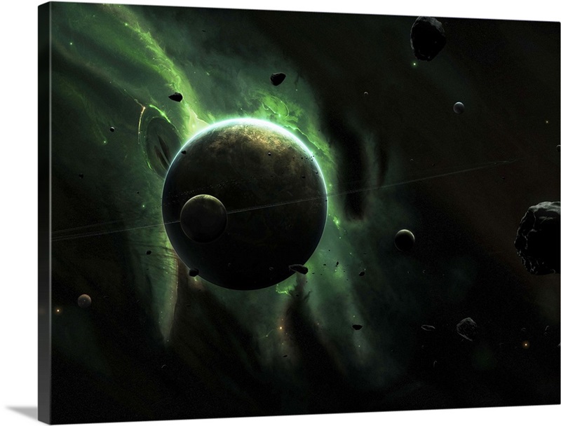 A green planet surrounded by several larger and smaller moons | Great ...