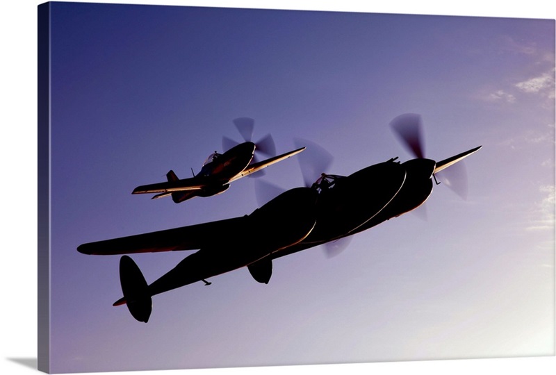 A P 38 Lightning and P 51D Mustang in flight | Great Big Canvas