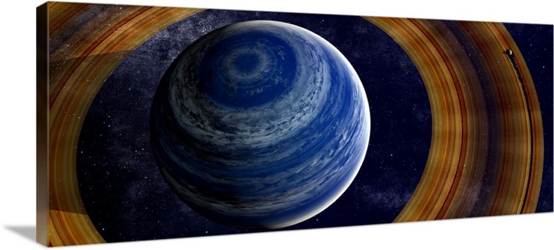 A ringed blue gas giant with shepherd moon in the rings | Great Big Canvas