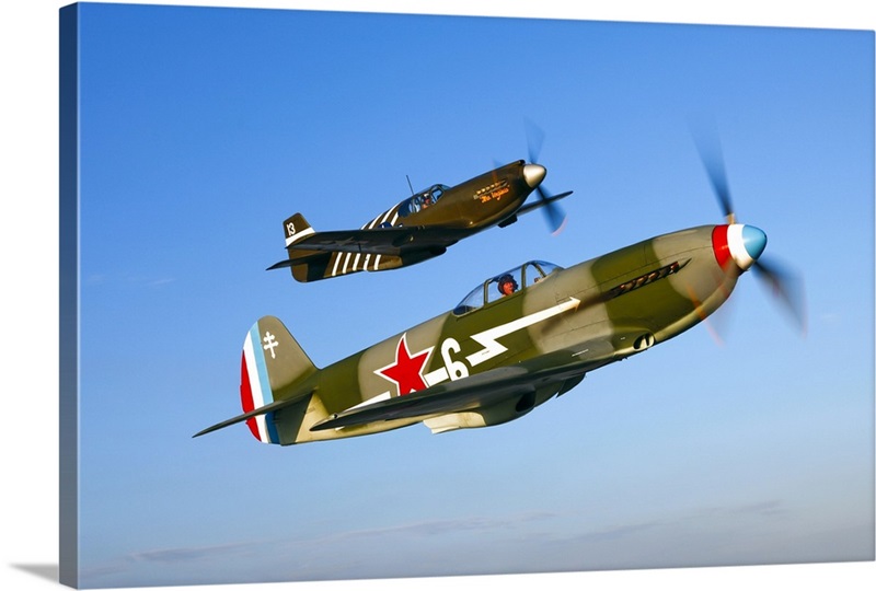 A Soviet Yakovlev Yak 3 and a P 51A Mustang in flight | Great Big Canvas