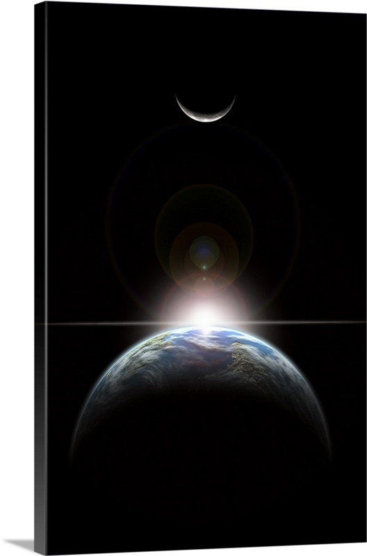 A star rising over an Earth-like planet and illuminating it's lone moon ...