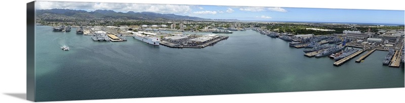 Aerial view of military ships moored at Joint Base Pearl Harbor-Hickam ...