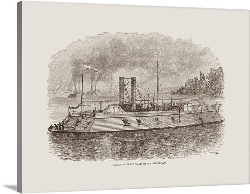 American Civil War History Engraved Print Of A Union Ironclad River ...