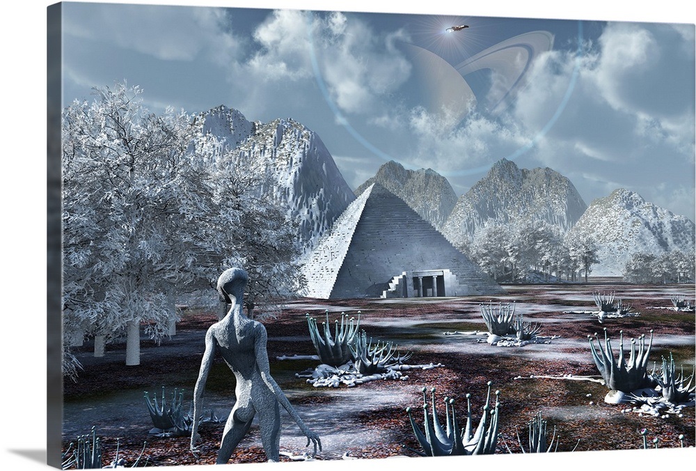 An extraterrestrial surveys an ancient structure on a distant alien ...