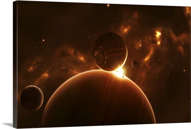 Artist's concept of an extraterrestrial world and its various moons ...