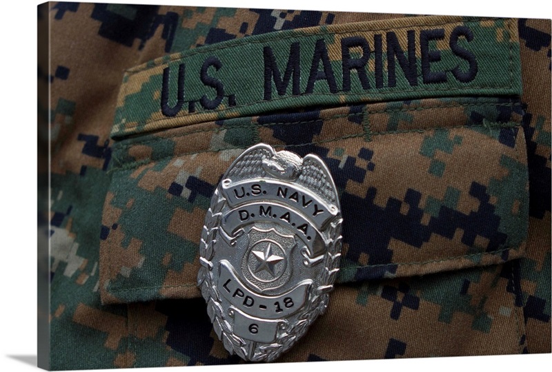 Close-up of a duty master-at-arms badge on the uniform of a US Marine ...
