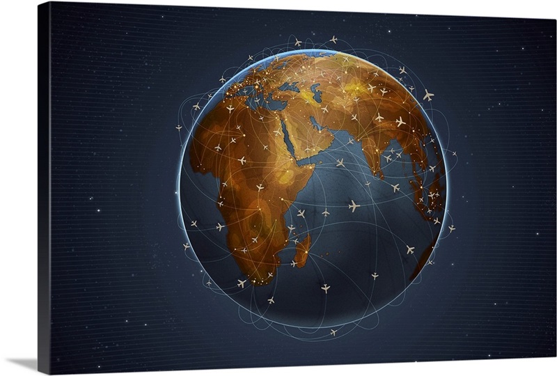 Digitally generated image of airline flight paths around the globe ...