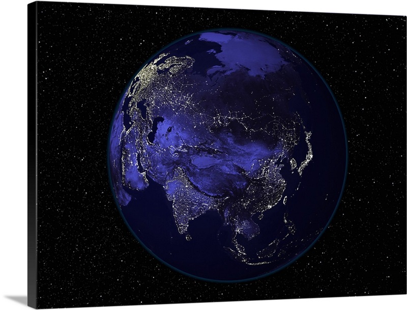 Full Earth at night showing city lights centered on Asia | Great Big Canvas