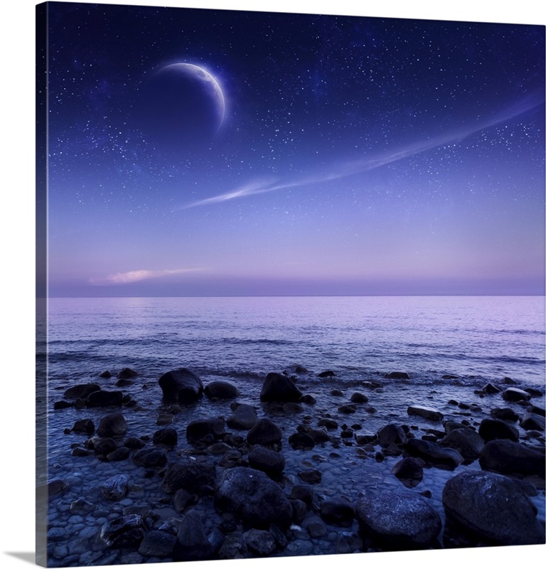 Moon rising over rocky seaside against starry sky | Great Big Canvas