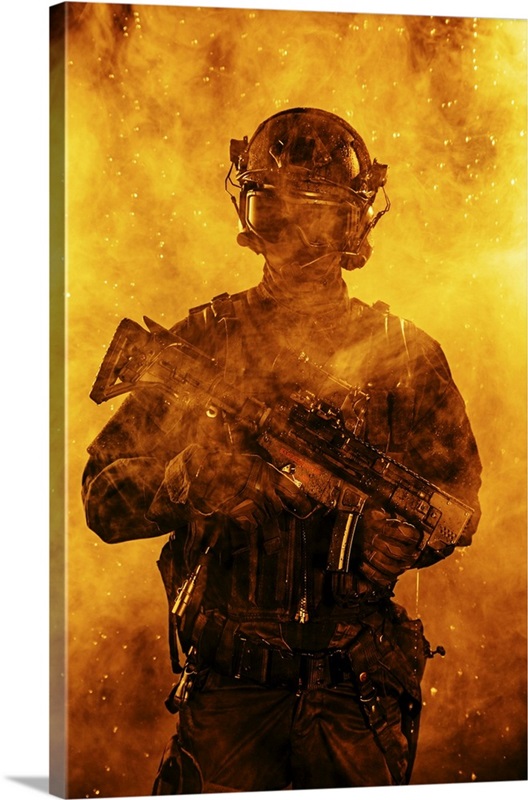 Police Officer SWAT In Black Uniform In The Smoke | Great Big Canvas