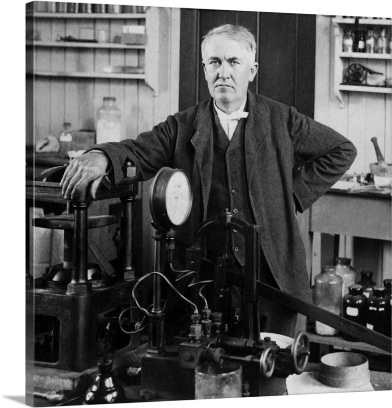 Portrait Of American Inventor Thomas Edison, Posed Inside His Workshop ...