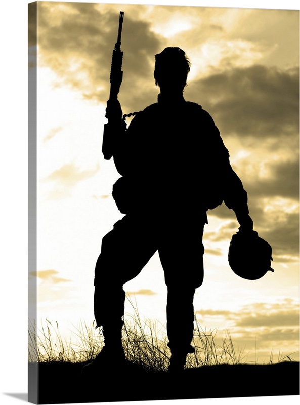 Silhouette Of U.S. Soldier With Rifle Against A Sunset | Great Big Canvas