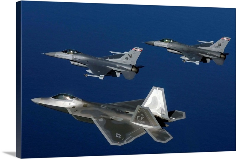 Three F-22A Raptor aircrafts fly in formation | Great Big Canvas